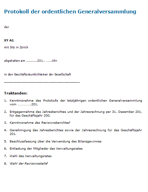 Protokoll Generalversammlung: Muster zum Download.